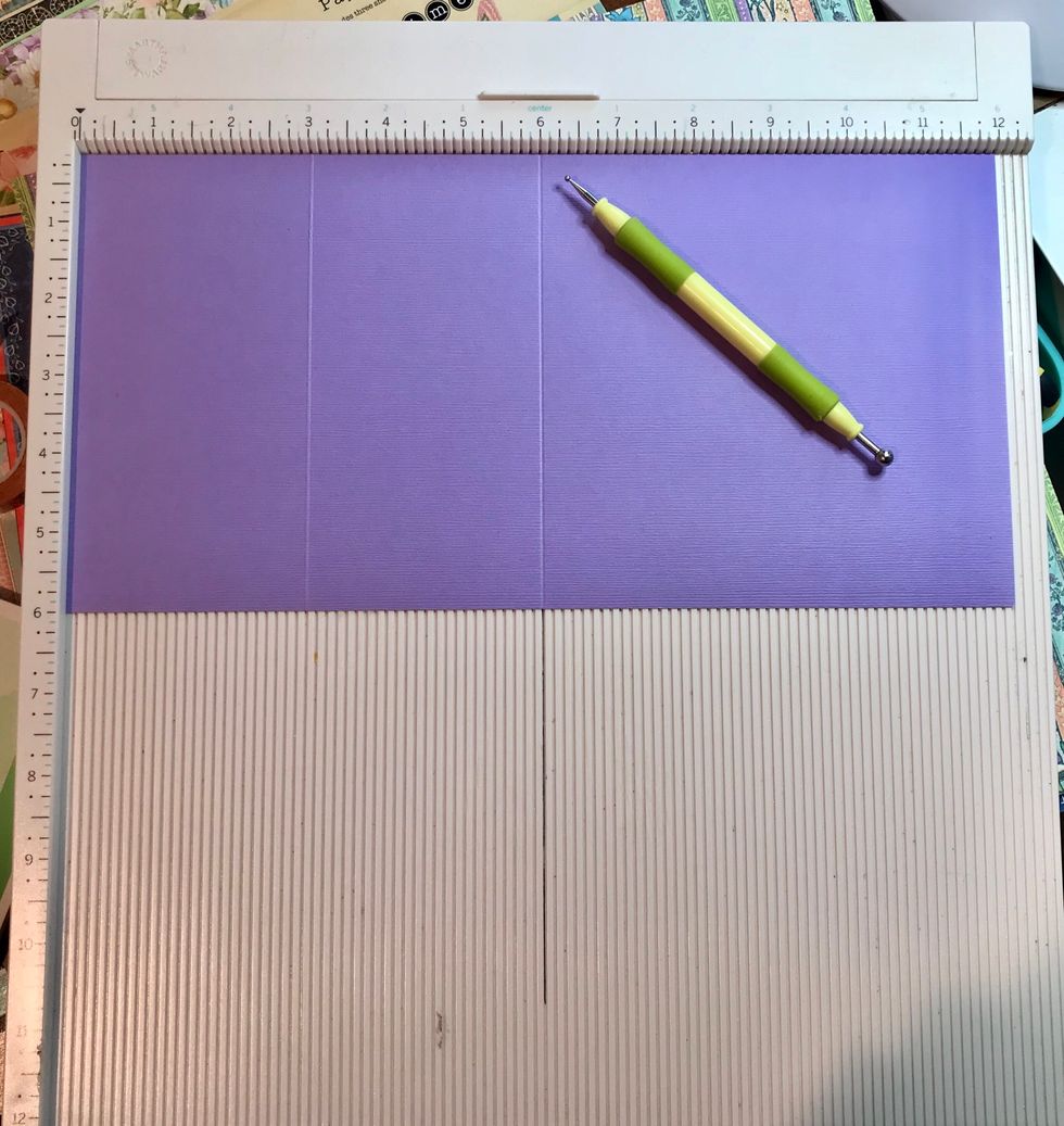 Cut violet cardstock to 6x12”. Score at 3” and 6”. - B+C Guides